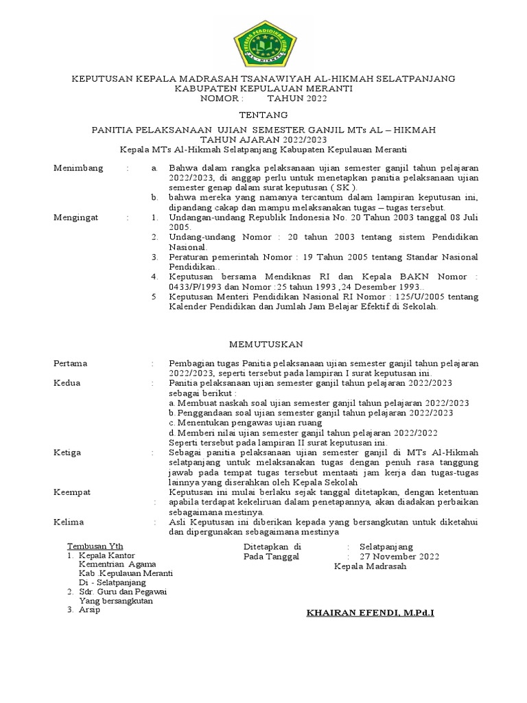 SK Ujian Semester Ganjil 2022-2023 | PDF