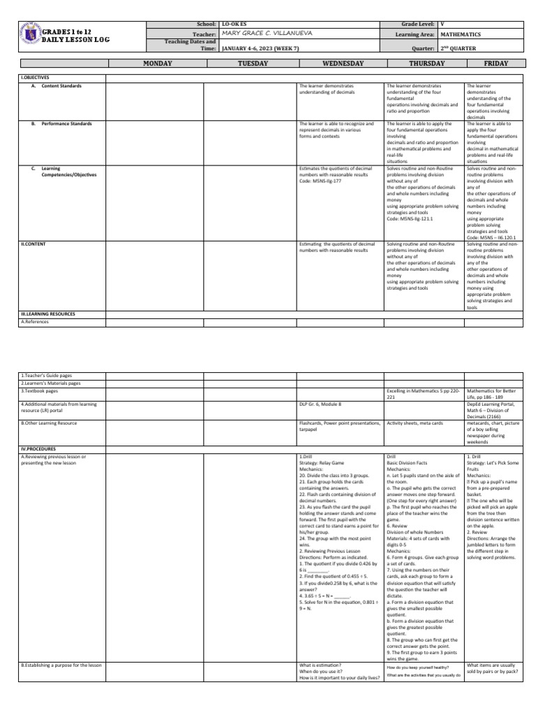 DLL - Mathematics 5 - Q2 - W7 | PDF | Learning | Teachers