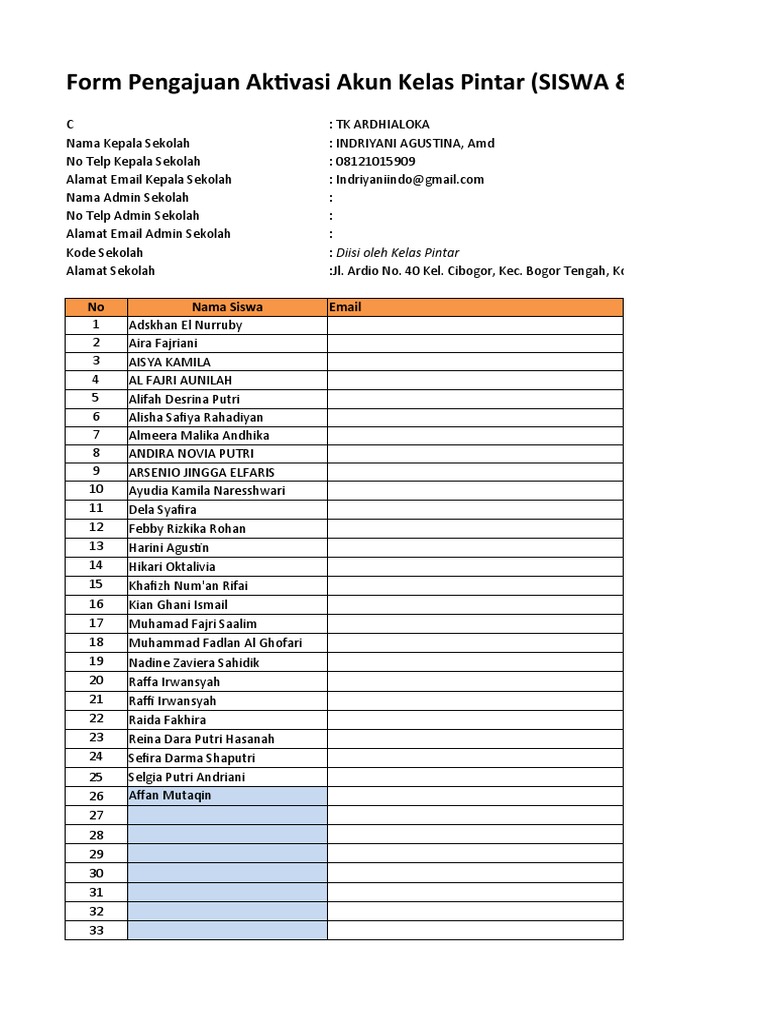 Contoh Form Aktivasi Akun Siswa-OrangTua-Guru (B2B&B2G) | PDF