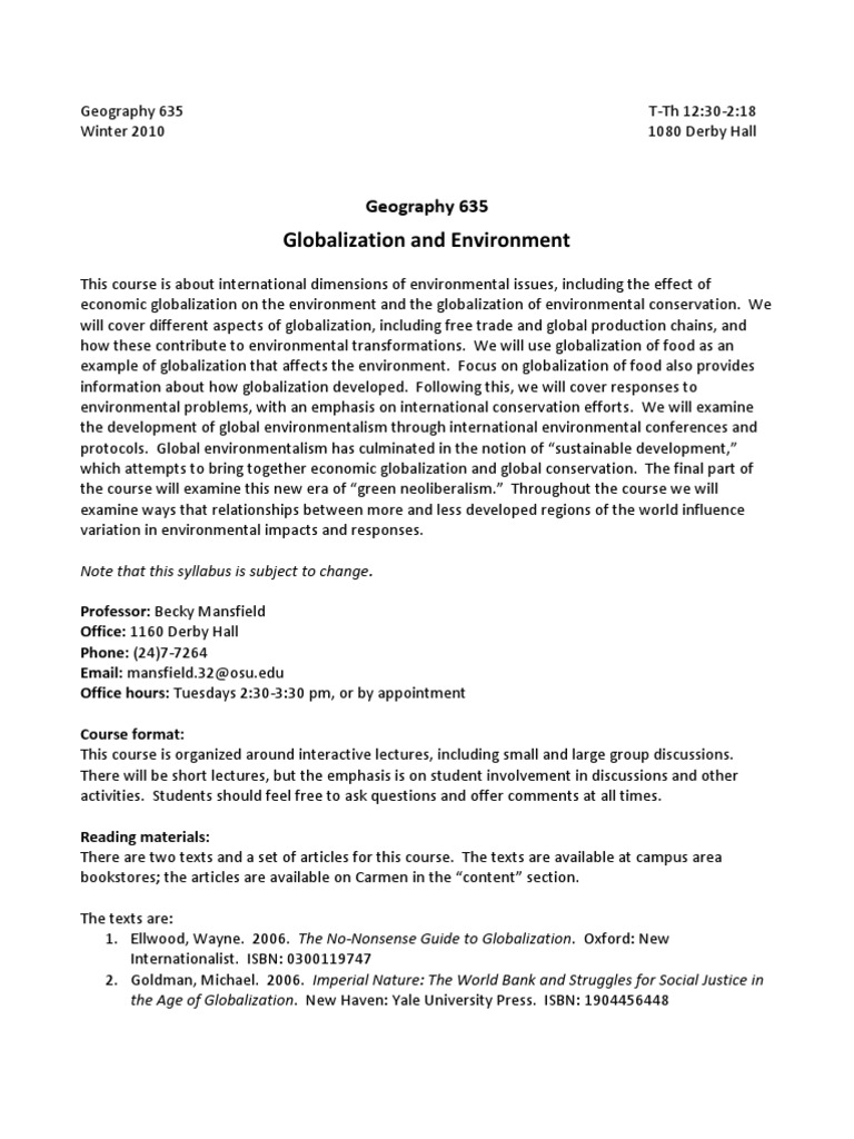 GEOG635 Globalization and Environment | PDF | Globalization | Sustainability