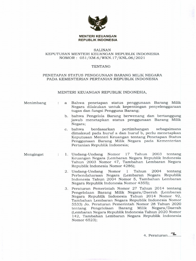 051 - KM.6 - WKN.17 - KNL.06 - 2021 PSP BMN Pada Kementerian Pertanian RI | PDF