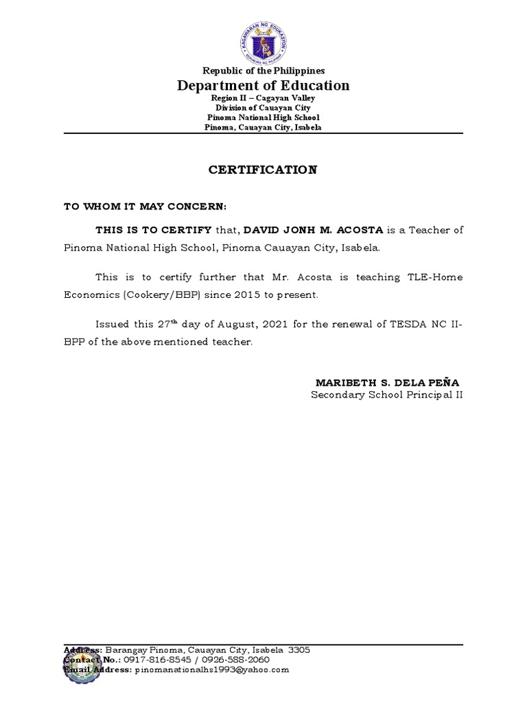 Teacher Certification for David Jonh M. Acosta of Pinoma National High ...