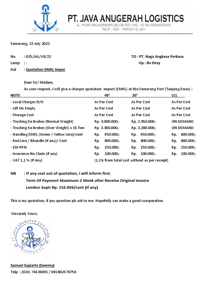 Quotation EMKL NEW COMPANY July 22 | PDF