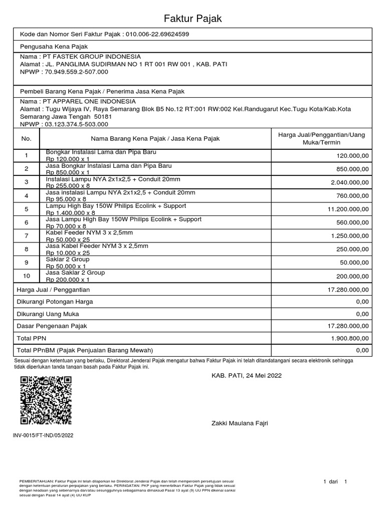 Faktur Pajak PT APPAREL ONE INDONESIA | PDF