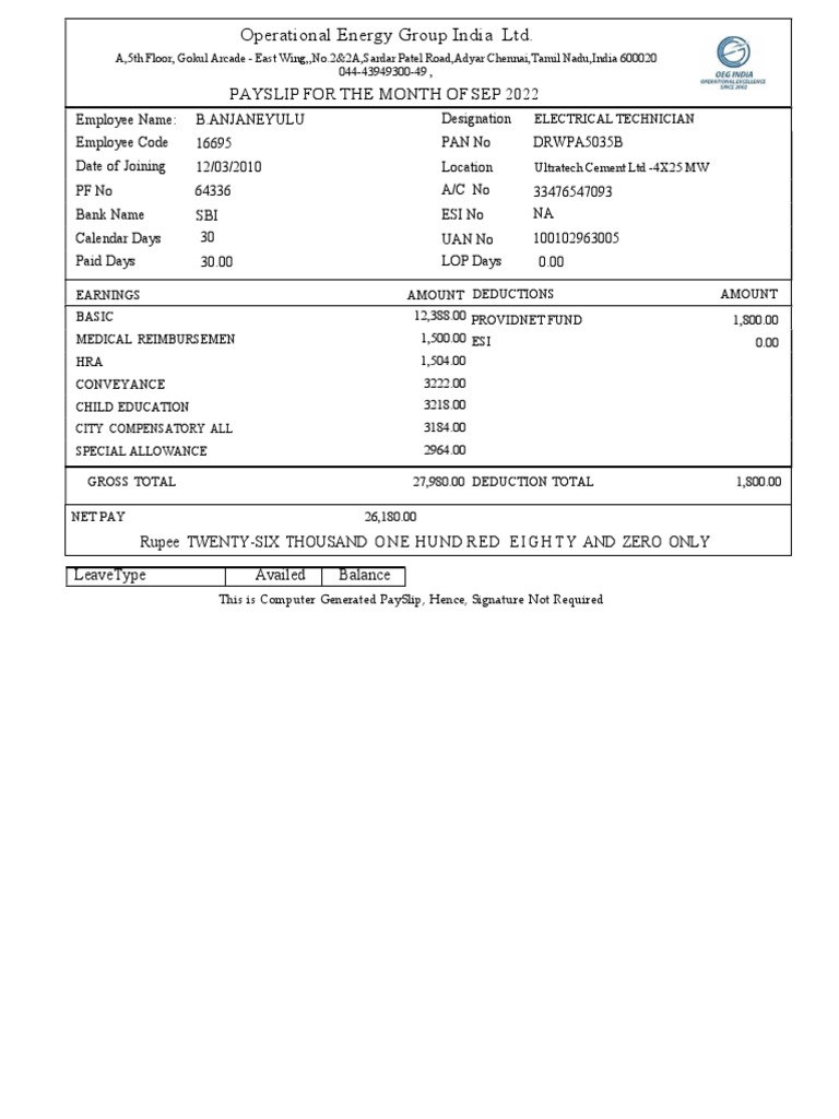 Operational Energy Group India LTD.: Payslip For The Month of Sep 2022 ...