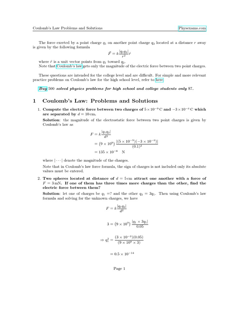 Coulomb's Law: College-Level Problems | PDF | Force | Applied And ...
