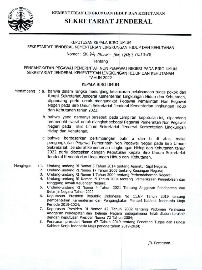 Pengangkatan PPNPN Kementerian LHK 2022 | PDF