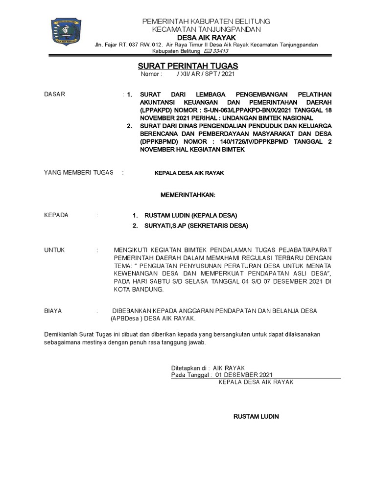 Surat Perintah Tugas Bimtek Kades | PDF