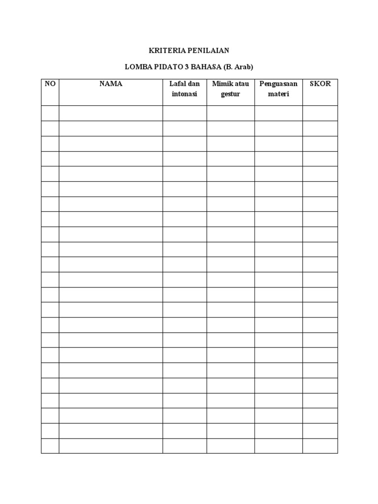 Lomba Pidato 3 Bahasa Arab Kriteria Penilaian | PDF Lomba Pidato 3 Bahasa Arab Kriteria Penilaian | PDF