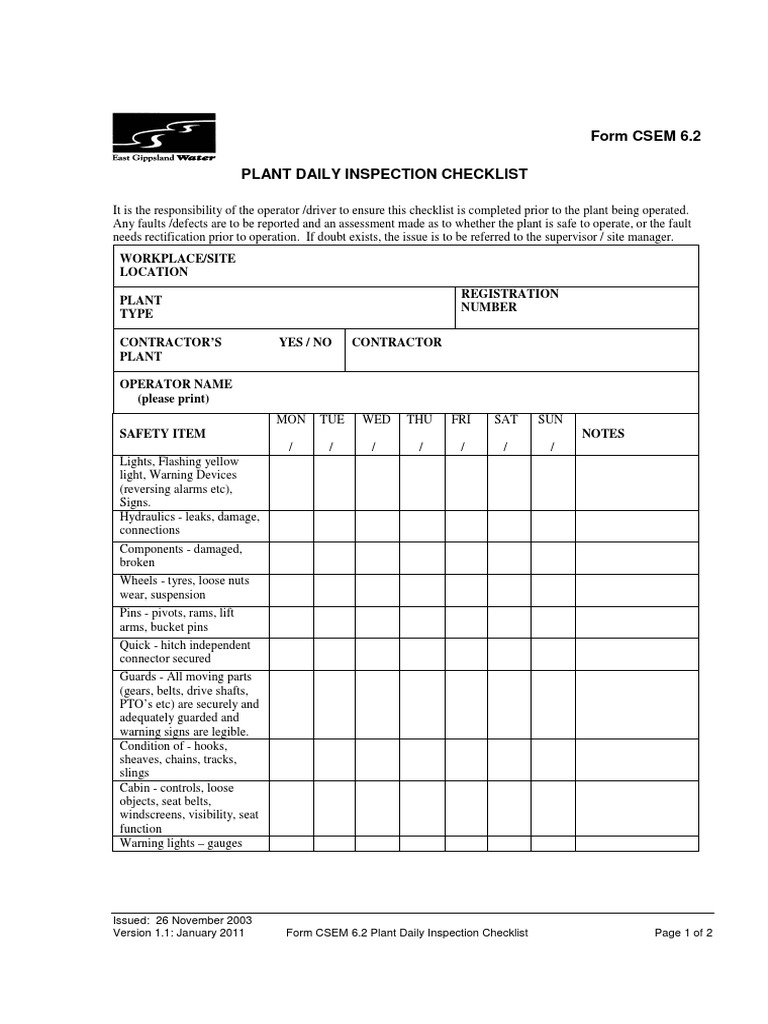 Daily Plant Inspection Checklist | PDF | Manufactured Goods | Vehicles