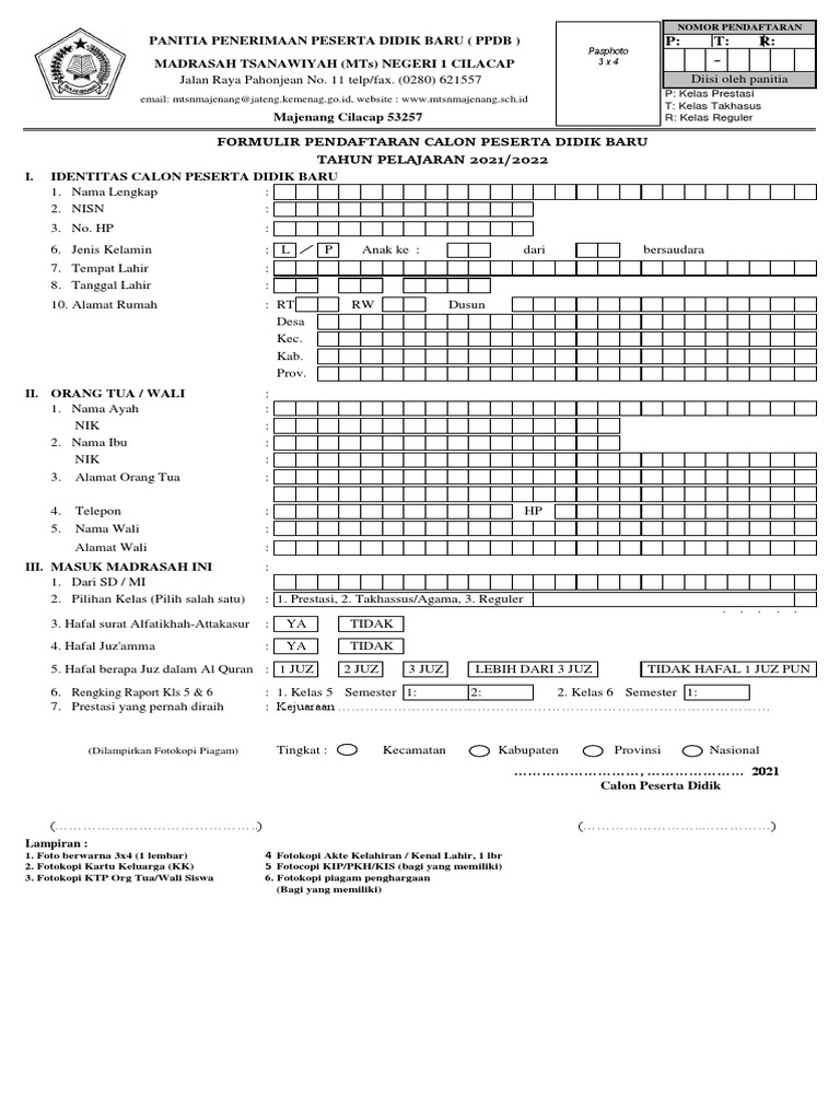 FORMULIR PPDB MTs N 1 Cilacap Th. 2021-2022 | PDF