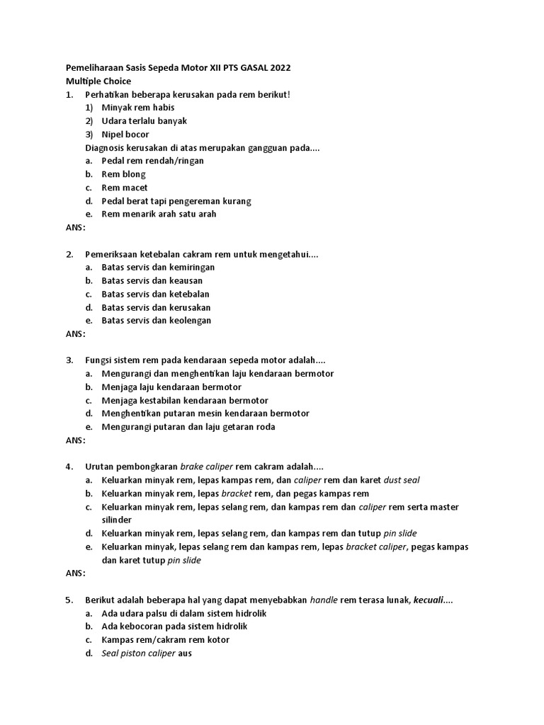 Soal Latihan Pemeliharaan Sasis Sepeda Motor 2223 | PDF