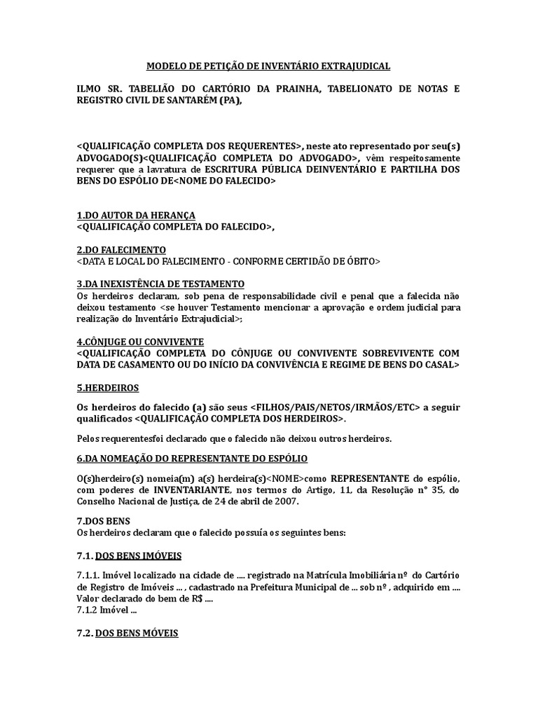 Modelo de Petição de Inventário Extrajudicial: Requerimento para ... Modelo de Petição de Inventário Extrajudicial: Requerimento para ...