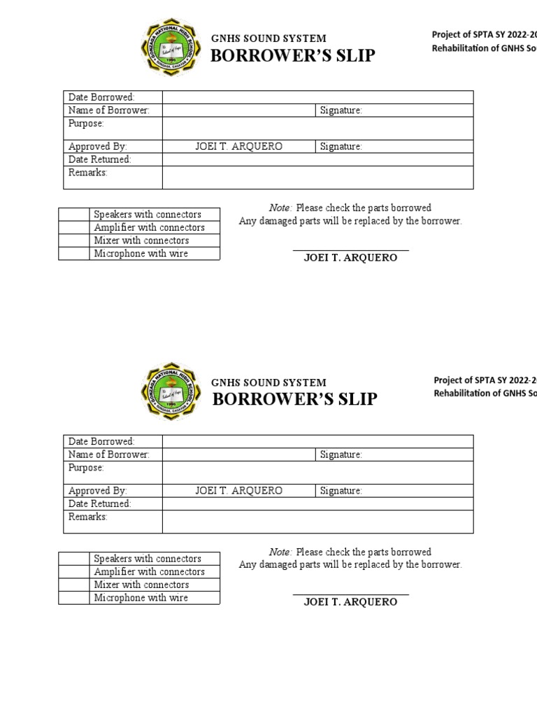 GNHS Sound System Barrower's Slip | PDF