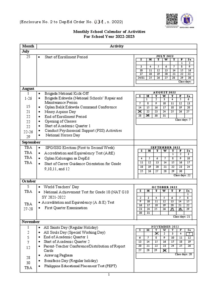 DepEd Monthly School Calendar of Activities For 2022-2023 | PDF