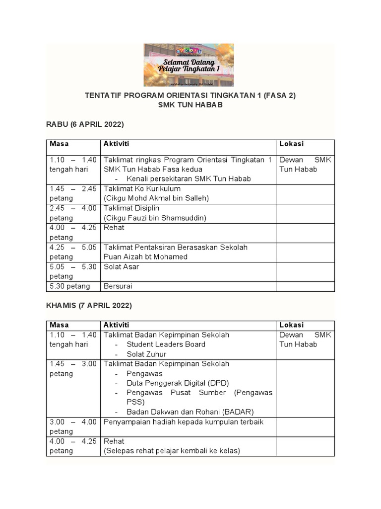 Tentatif Program Orientasi Tingkatan 1 | PDF