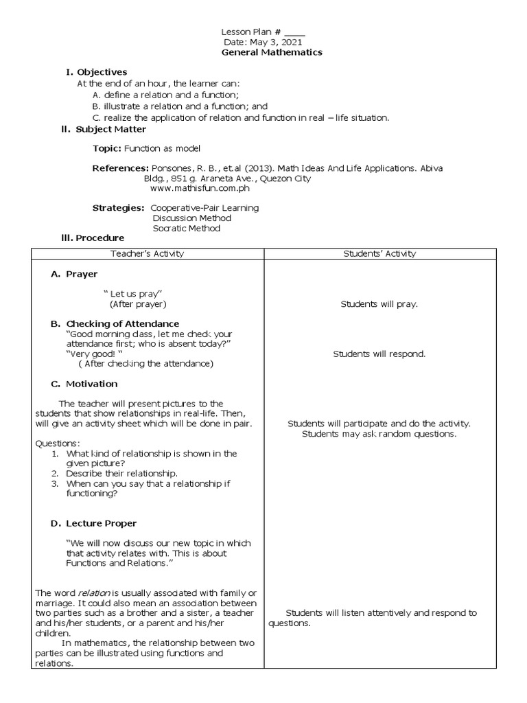 Lesson Plan (Senior High) | PDF | Function (Mathematics) | Behavior ...