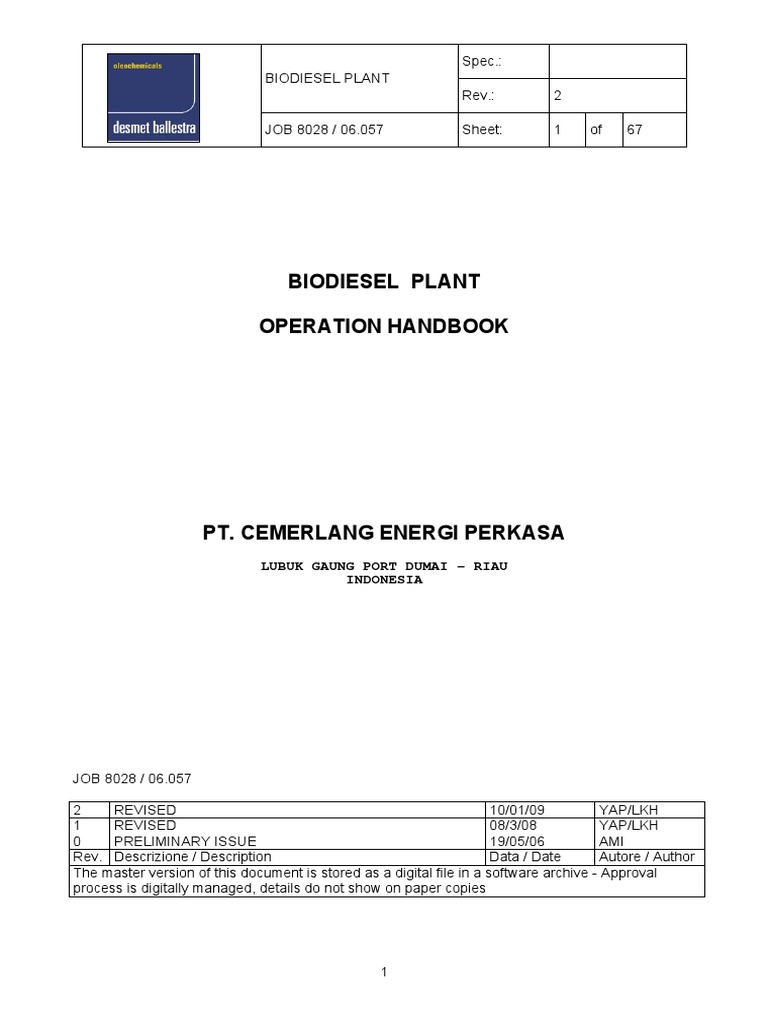 Biodiesel Plant Operation Handbook | PDF | Technology & Engineering