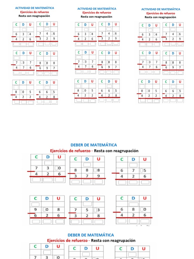 Resta con Reagrupación: Ejercicios | PDF