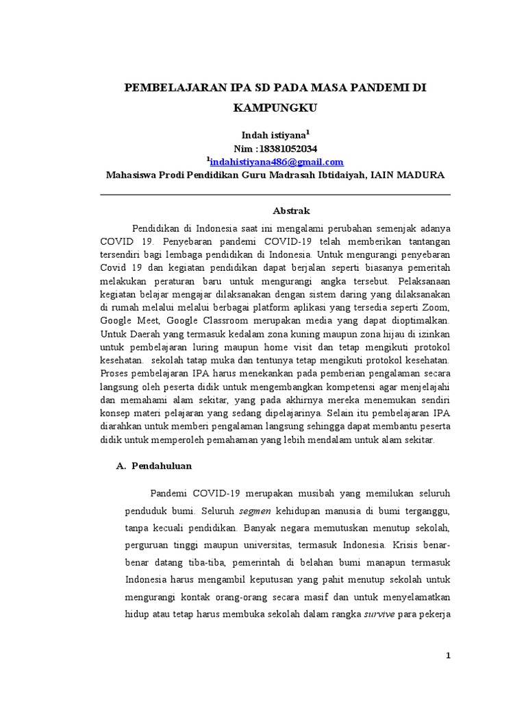 Pembelajaran Ipa SD Pada Masa Pandemi Di Kampungku | PDF