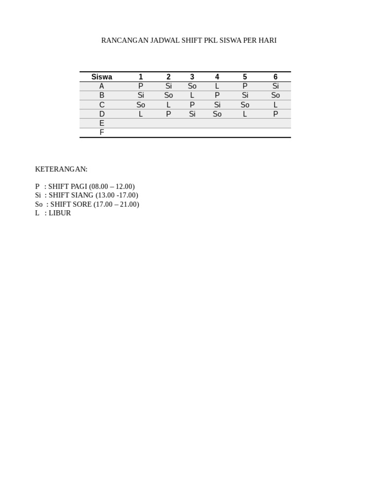 Rancangan Jadwal Shift Siswa PKL | PDF