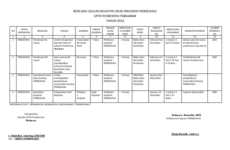 RUK Program Perkesmas Pabuaran 2022 | PDF