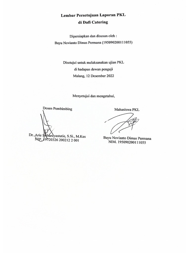 Lembar Persetujuan Laporan PKL - Bayu Novianto Dimas Permana | PDF