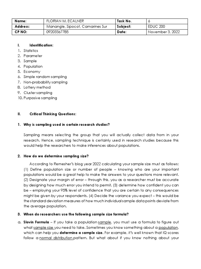 Activity 6 - EDUC 200 | PDF | Sampling (Statistics) | Sample Size ...