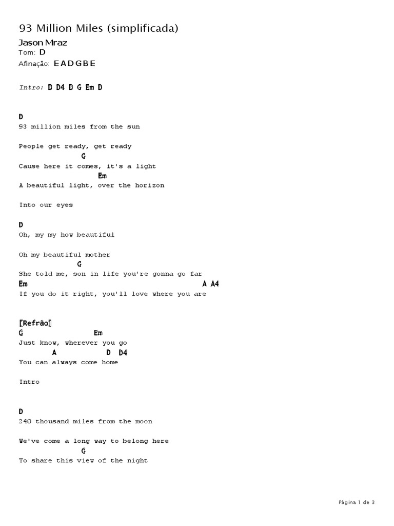93 Million Miles (Simplificada) - Jason Mraz - CIFRAS | PDF