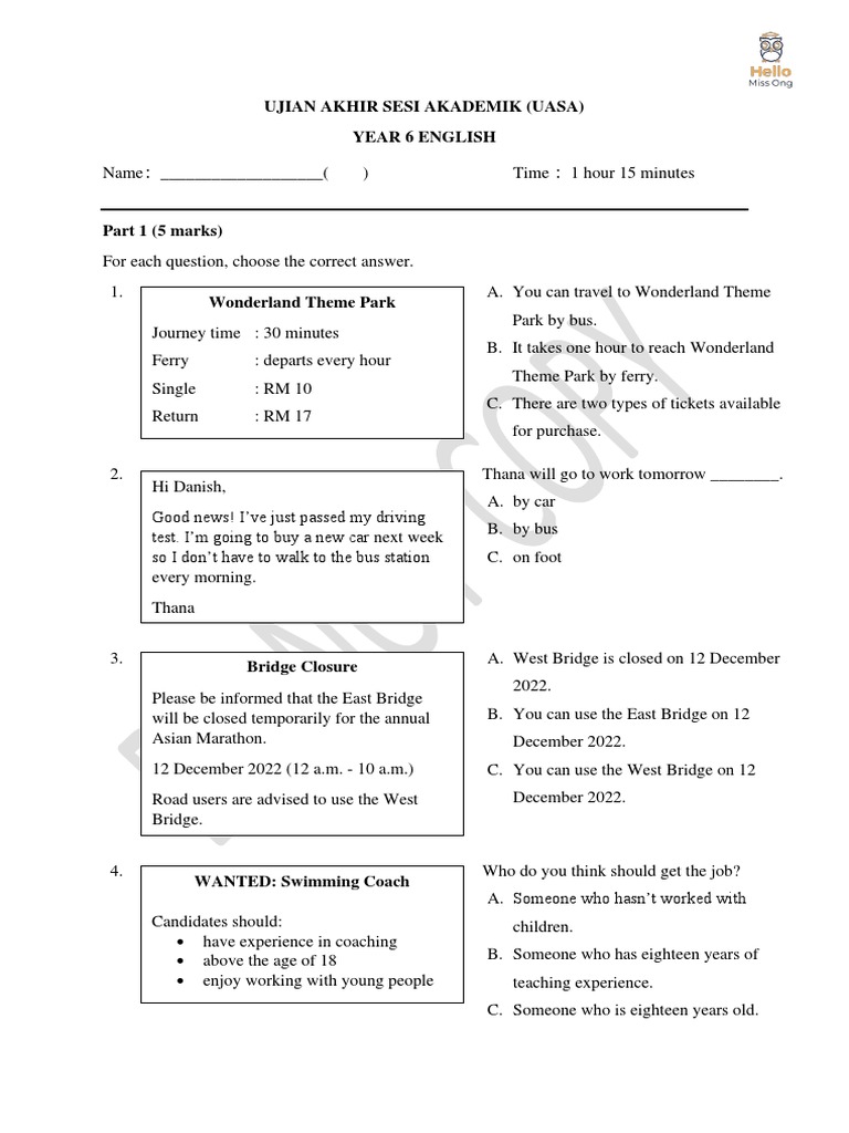 (MS Ong) Y6 Uasa Practice Test With Answers | PDF