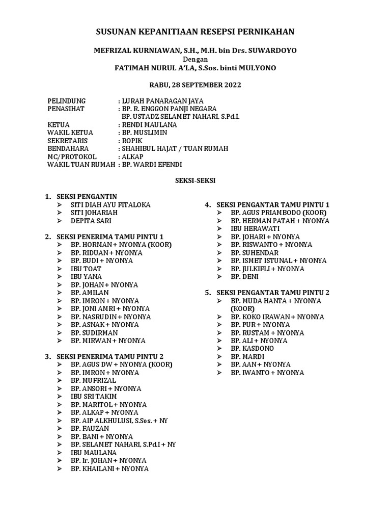 Susunan Kepanitiaan Resepsi Pernikahan | PDF