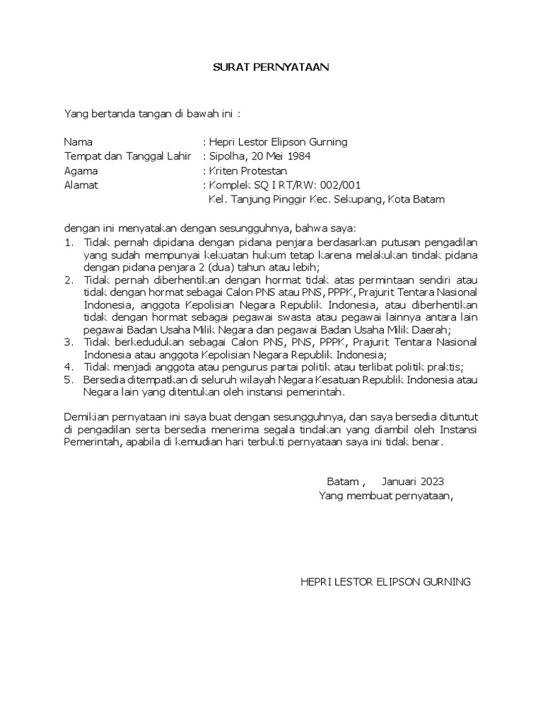 Surat Pernyataan Hepri Gurning 2023 | PDF | Hukum