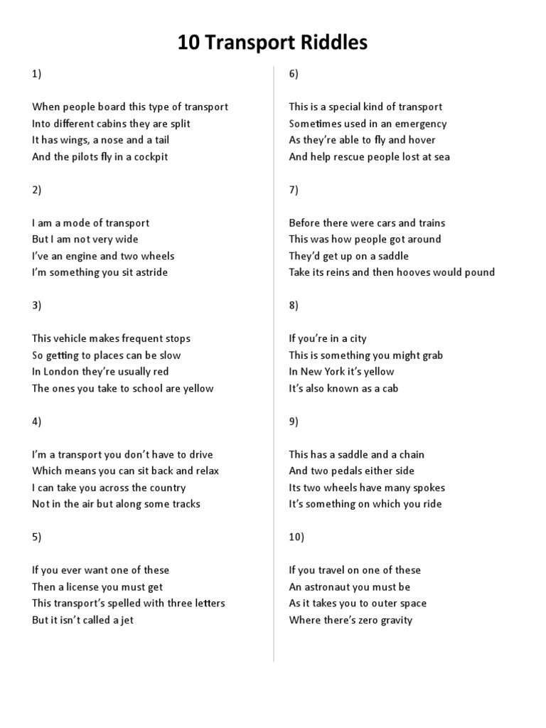 10 Transport Riddles For Kids | PDF | Transport | Aviation
