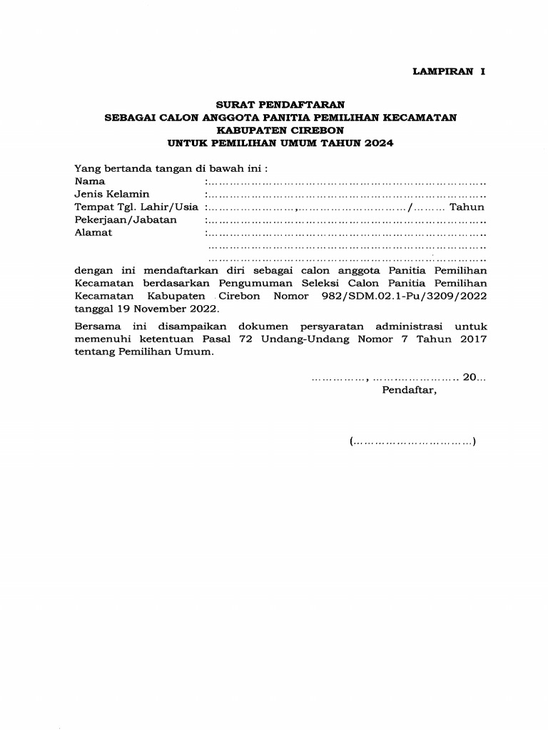 Lampiran Pengumuman Tentang Seleksi Calon Anggota PPK Untuk Pemilu Tahun 2024 | PDF