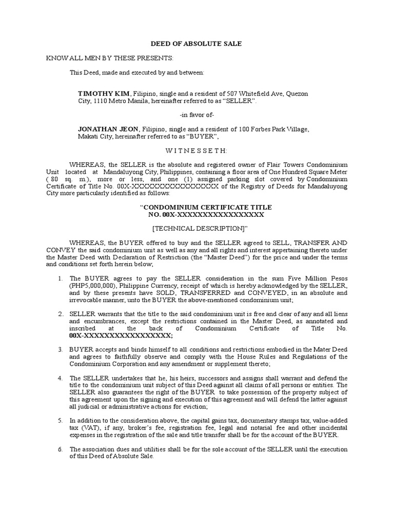 Contract - DeedOfSale - Condominium Unit | PDF | Condominium | Deed