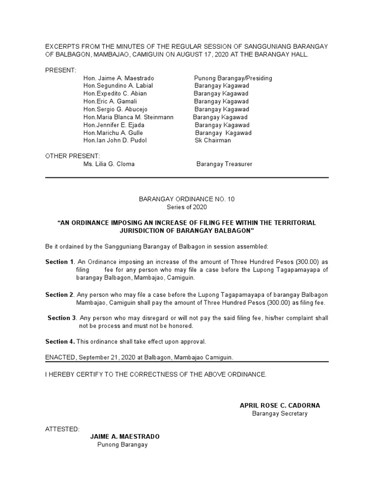 Barangay Ordinance No.10 | PDF