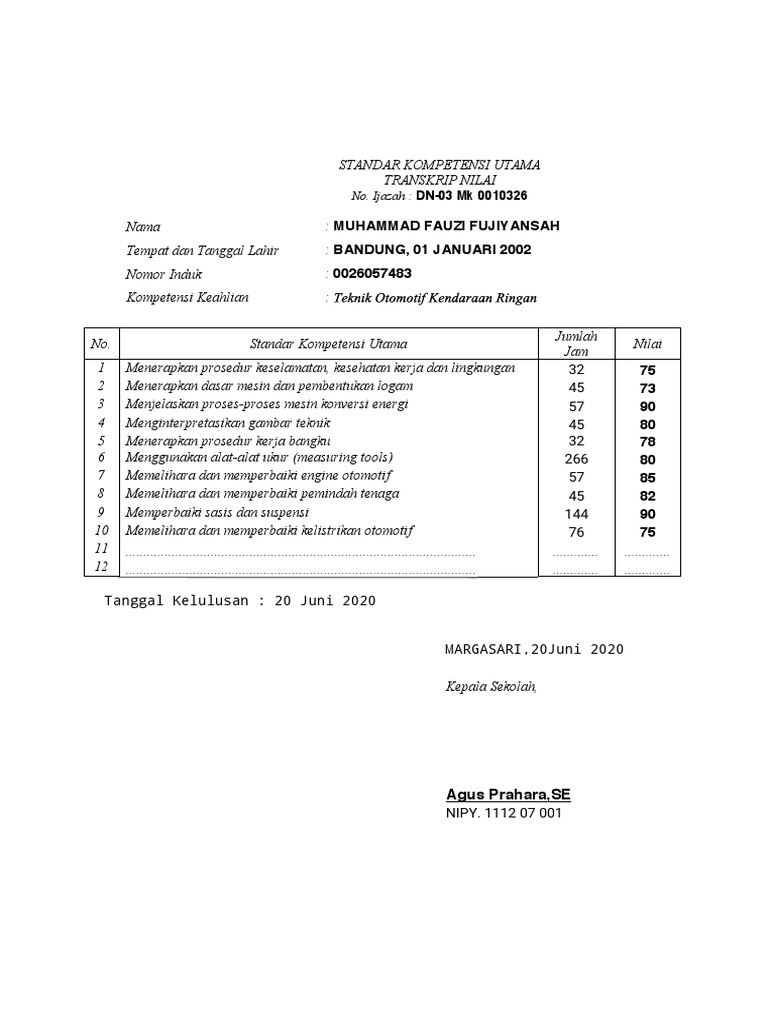 Transkrip Nilai Teknik Otomotif Kendaraan Ringan | PDF