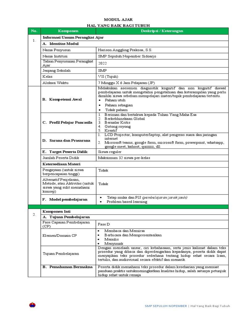 MODUL AJAR 3 (Hal Yang Baik Bagi Tubuh) | PDF