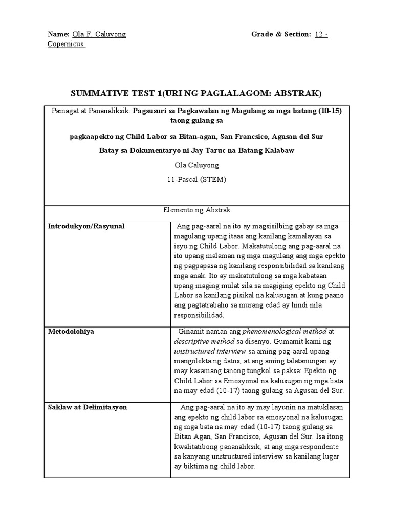 Unang Kwarter Summative Test | PDF