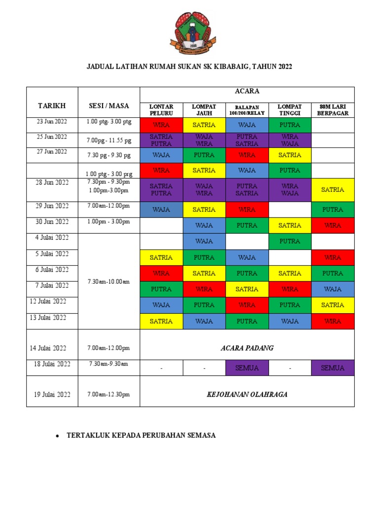 JADUAL LATIHAN RUMAH SUKAN TAHUNAN SK KIBABAIG 2022 | PDF