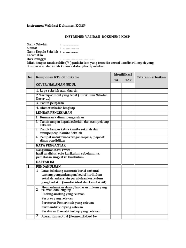 Instrumen Validasi Dokumen KOSP | PDF