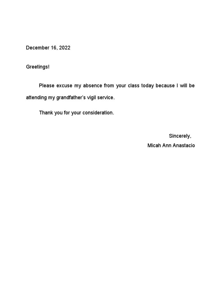 Excuse Letter for Grandfather's Vigil | PDF