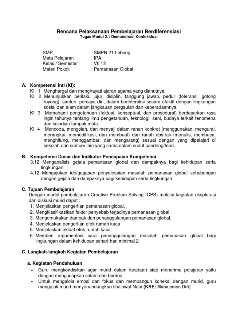 Rencana Pelaksanaan Pembelajaran Berdiferensiasi Terintegrasi PSE | PDF