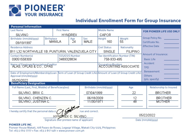 Individual Enrollment Form For Group Insurance | PDF | Business ...