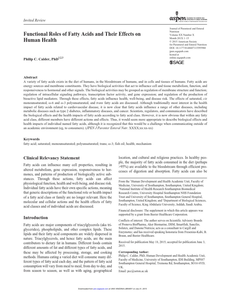 Functional Roles of Fatty Acids and Their Effects On Human Health | PDF ...