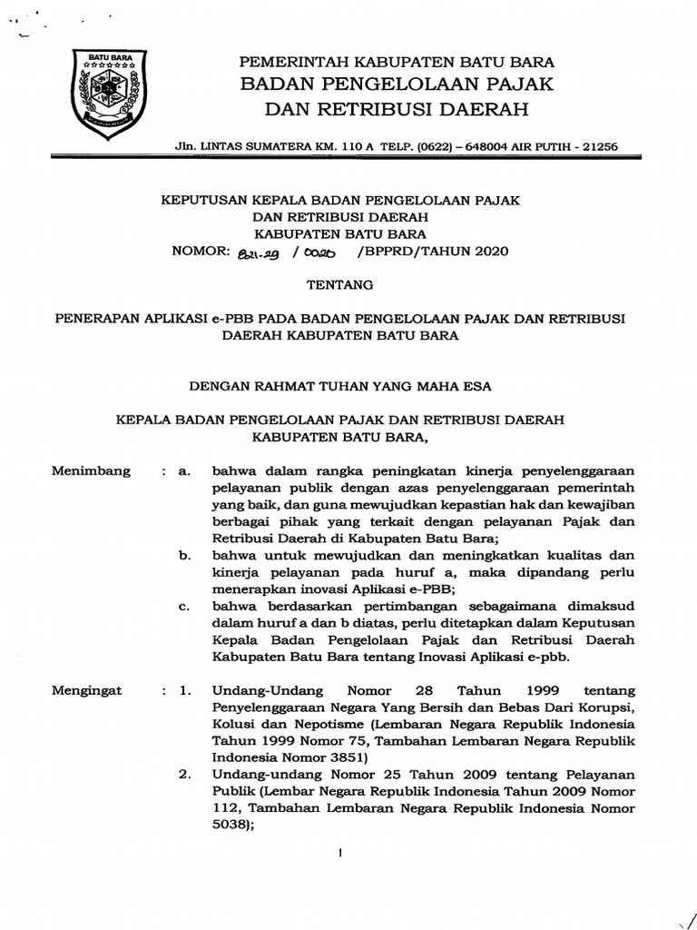 SK Penerapan Aplikasi E-Pbb | PDF