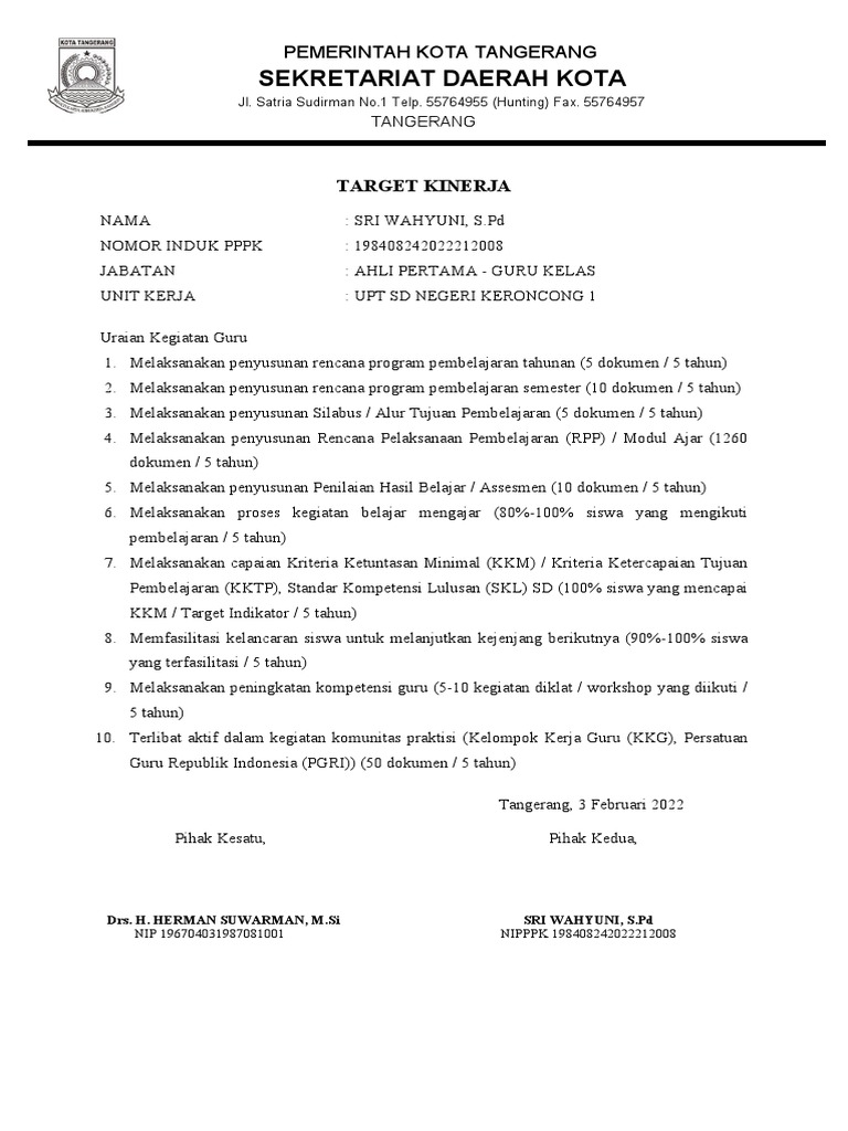 Target Kinerja Guru PPPK SD Tangerang | PDF