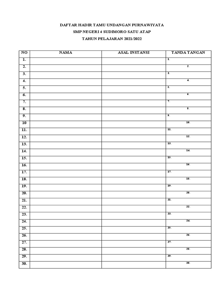 Daftar Hadir Tamu Undangan Purnawiyata | PDF