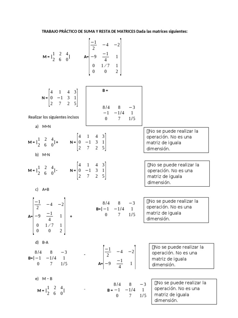 Trabajo Práctico de Suma y Resta de Matrices | PDF | Álgebra lineal | Álgebra