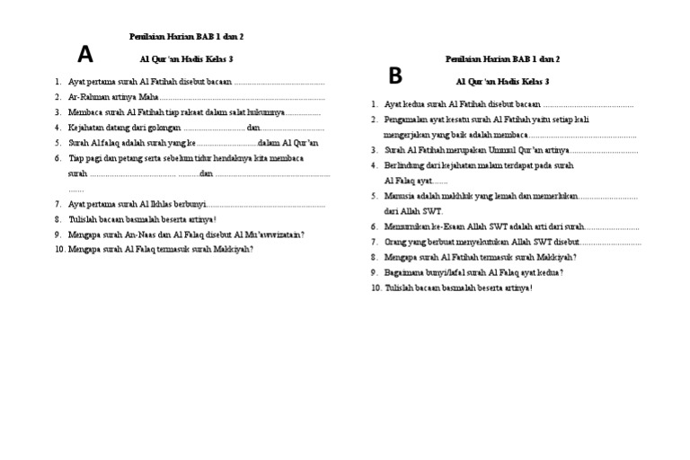 UH Qurdis Kelas 3 BAB 1 Dan 2 | PDF